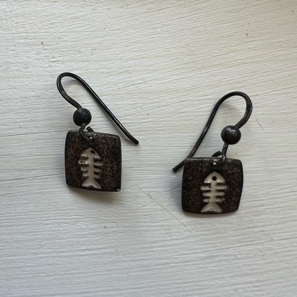 Jewelry | Fish Skeleton Silver Earrings Black Bead Detail | Poshmark